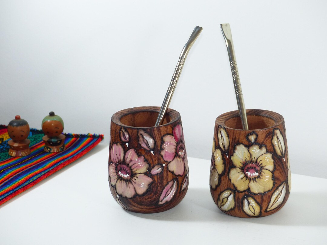 2 Wooden Yerba Mate Flowers Carved Design - Includes 4 Straws Bombillas ...