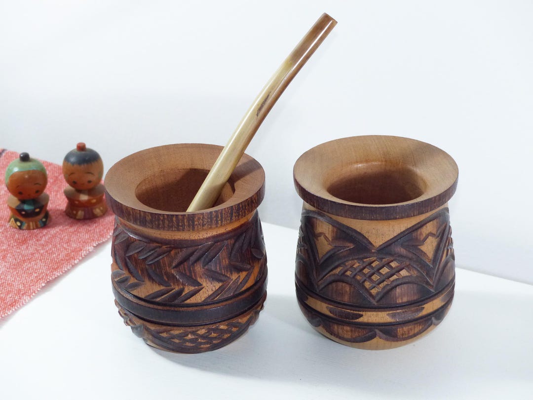 2 Wooden Yerba Mate Full Carved Design - Includes 4 Straws Bombillas ...