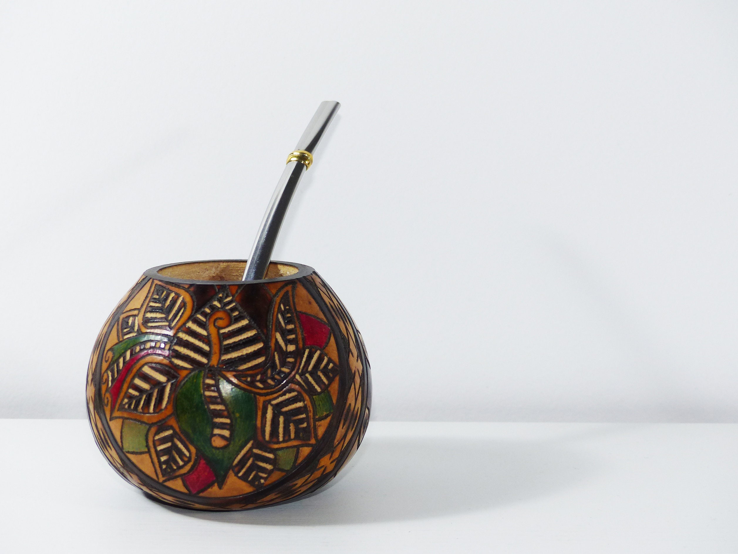 Handcarved Yerba Mate Gourd Flowers Design - Includes 2 Straws ...