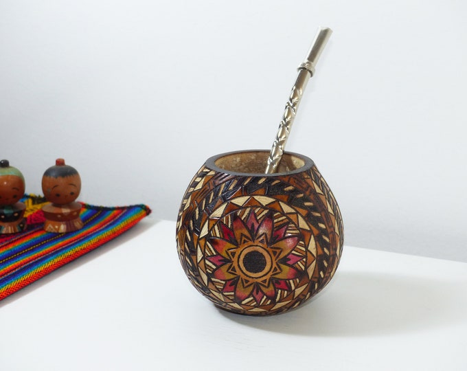 Hand Carved Yerba Mate Gourd Mandala Color Design Includes 2 Straws ...