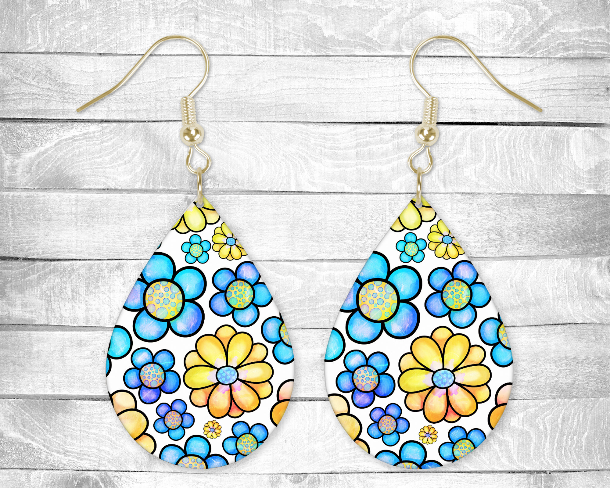 Blue and Yellow Cartoon Flowers, Pierced Earrings, Permanent Design ...