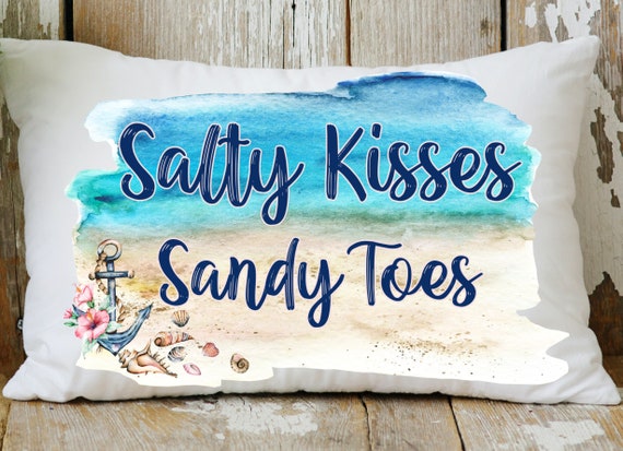 Salty Kisses Sandy Toes Beach Decor Pillow Watercolor Beach | Etsy