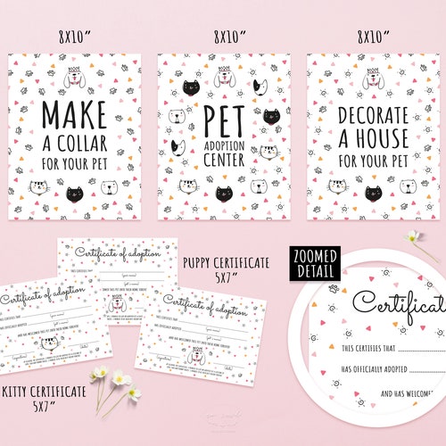 Adoption Certificate Puppy Kitty Party Adopt a Pet Sign AND - Etsy