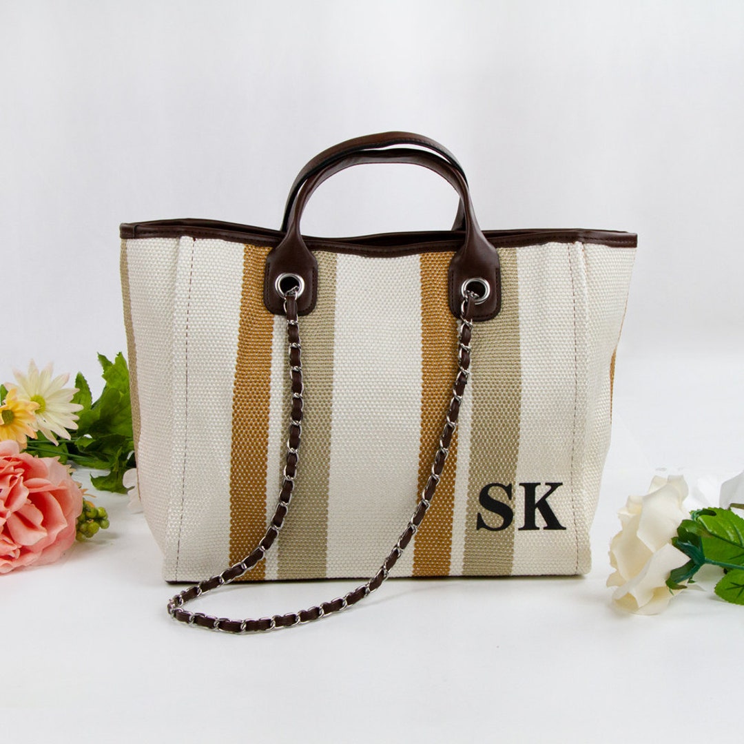 Custom Monogram Tote Bag, Personalized Monogram Canvas Tote, Striped ...