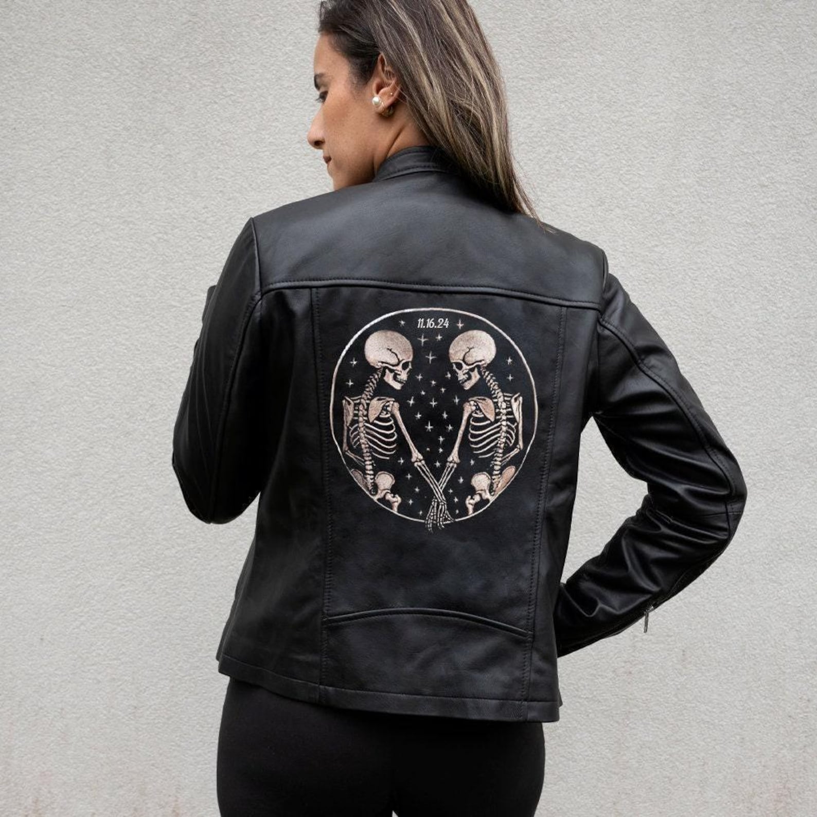 Skeleton Couple Embroidery Leather Jacket, Customized Skeleton Leather ...