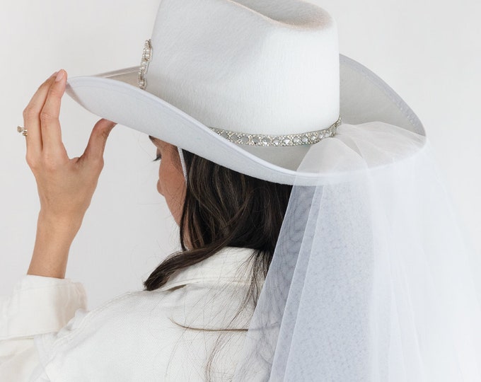 BRIDAL Cowboy Hat With Veil Fedora Vegan Felt Nashville White Custom ...