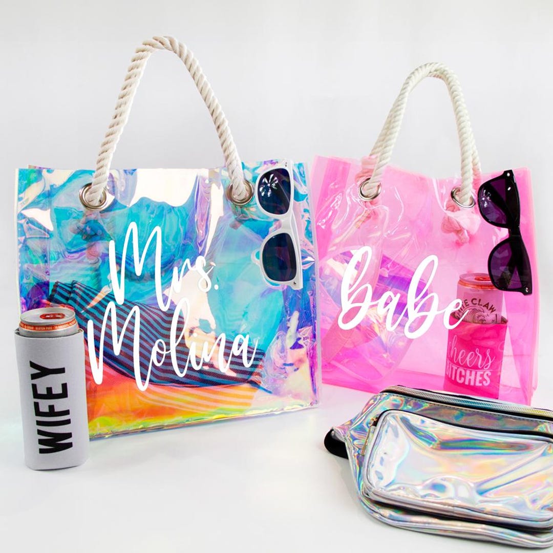 Personalized Neon Transparent Tote Bag, Bridesmaid Bachelorette Beach ...