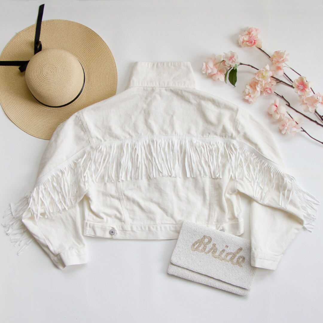 White Fringe Denim Jacket, White Denim Jacket, Bridal Jacket, Wedding ...