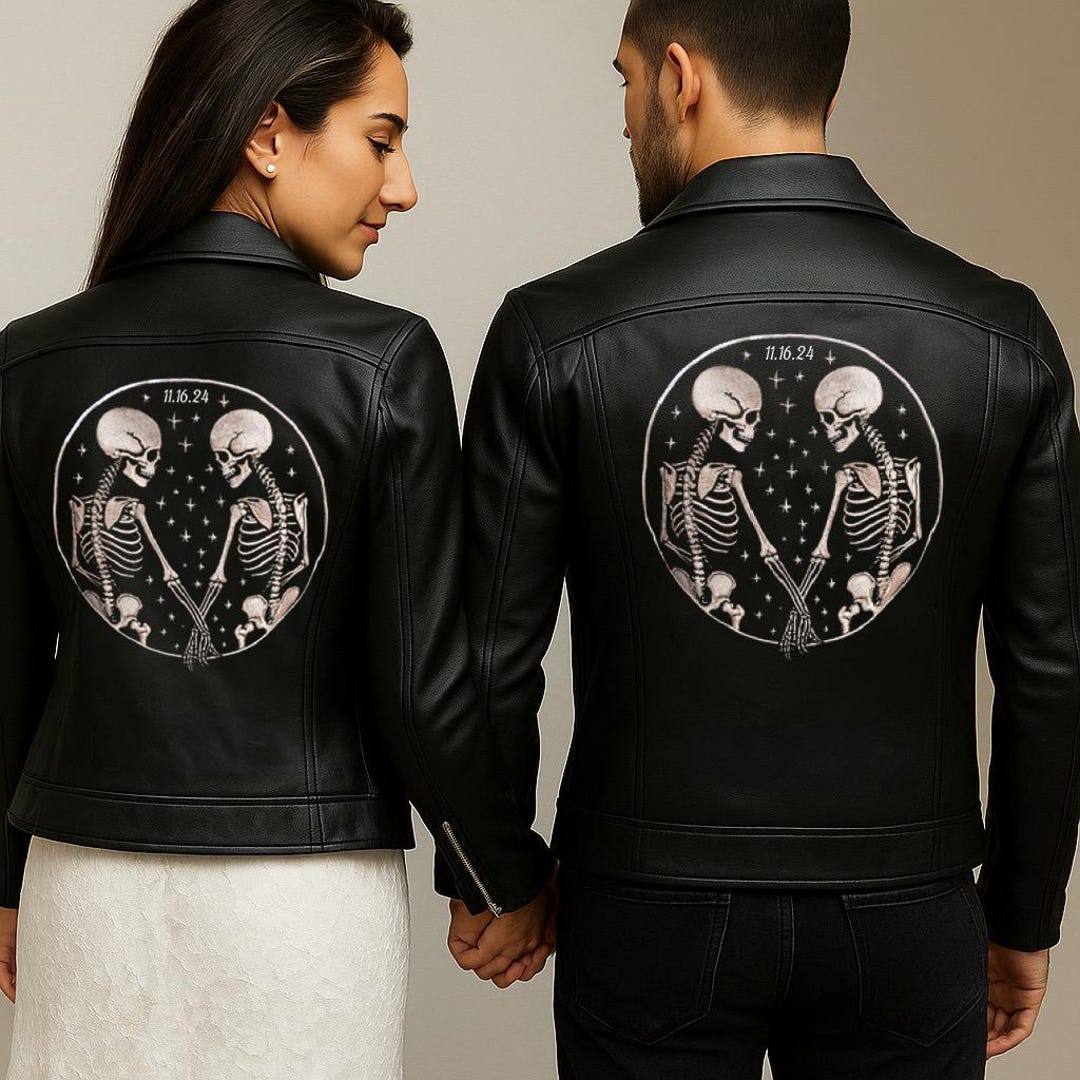 Skeleton Couple Embroidery Leather Jacket, Customized Skeleton Leather ...