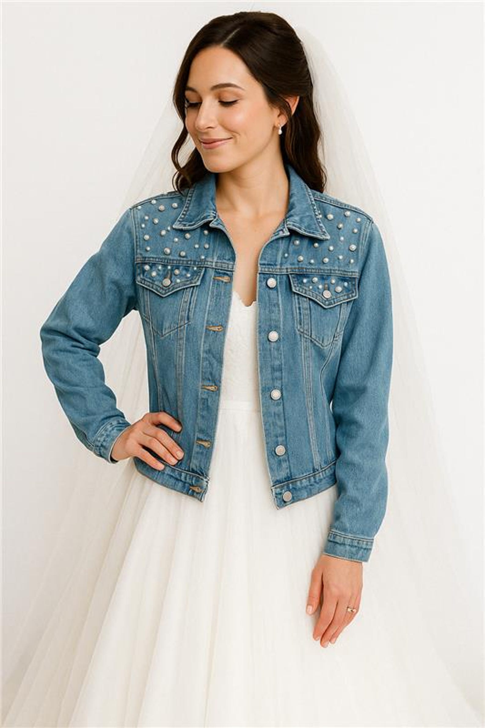 Blue Pearl Bachelorette Bride Denim Jacket, Bridal Denim Jacket, Bridal ...