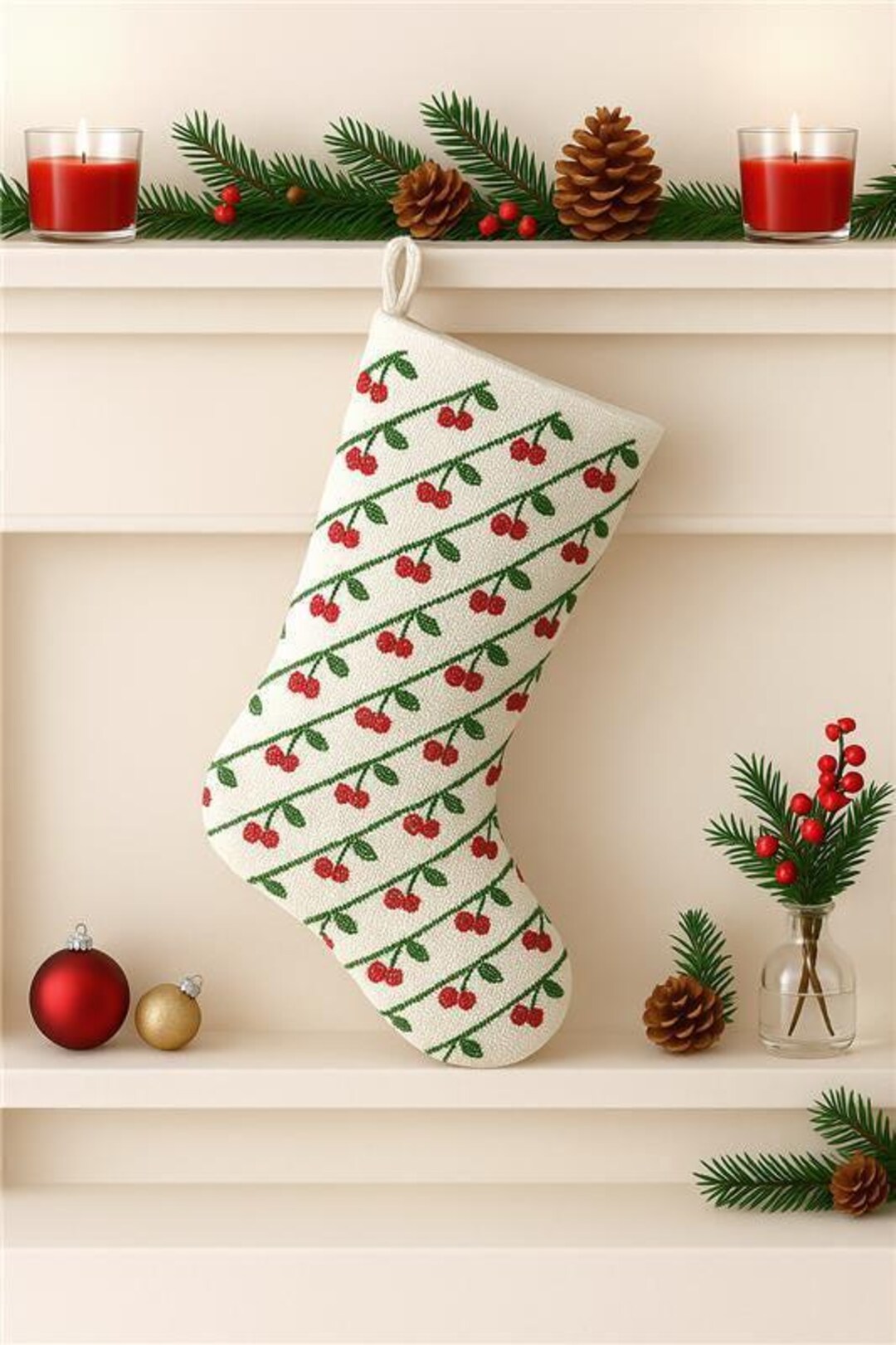 Beaded Cherry Stocking, Cherry Christmas Stocking, Fruit Holiday ...
