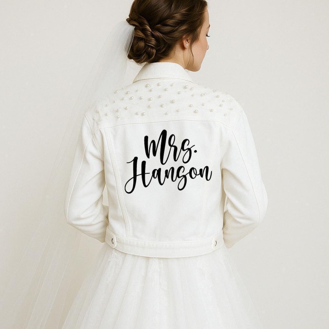 White Pearl Embroidered Bride Denim Jacket, Personalized Embroidered ...