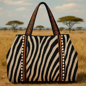 Zebra Safari Beaded Tote, African Animal Print Shoulder Bag, Boho Zebra ...