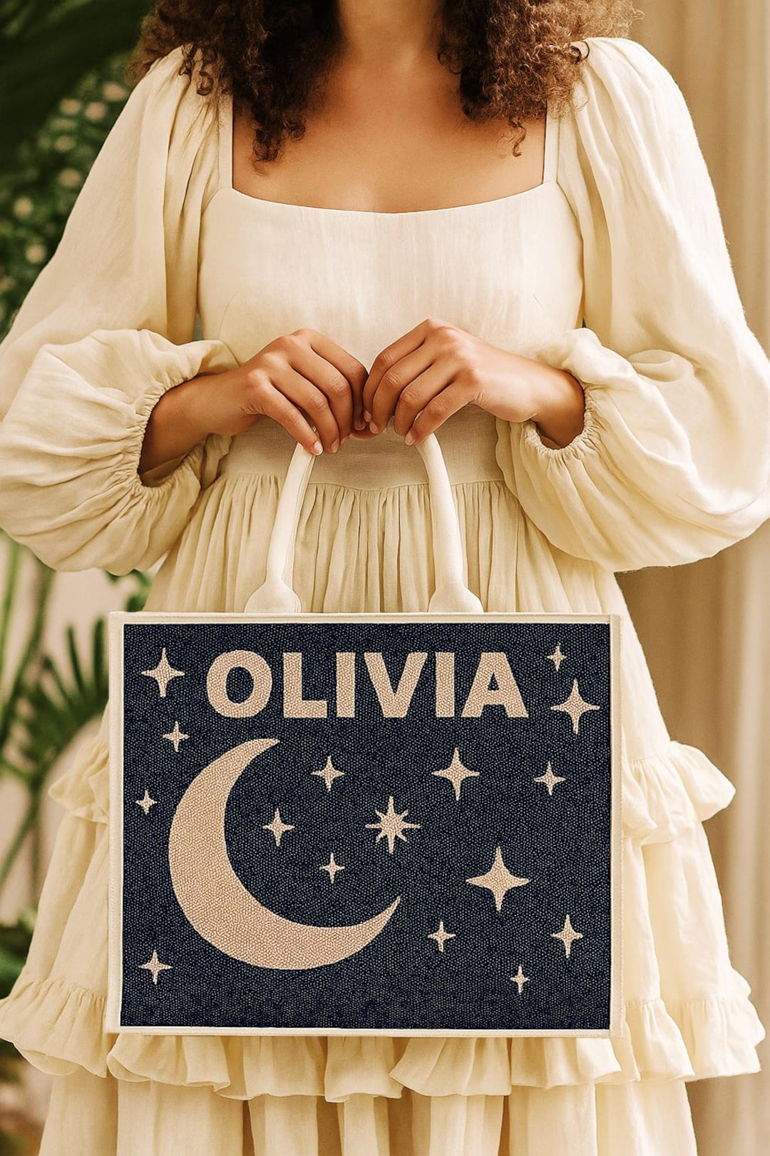 Moon and Stars Tote Bag, Beaded Tote Bag, Celestial Tote Bag, Moon and ...