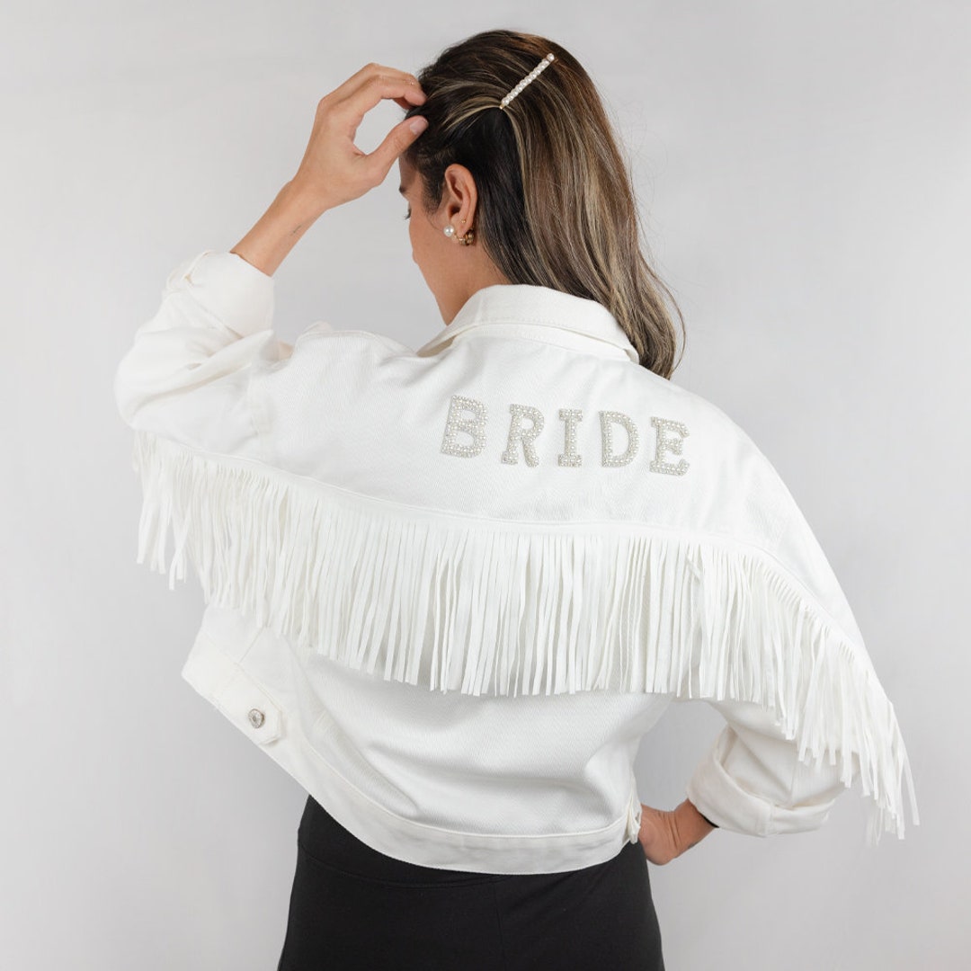 White Fringe BRIDE Patch Jean Jacket, Iron on Bride Patch Denim Jacket ...