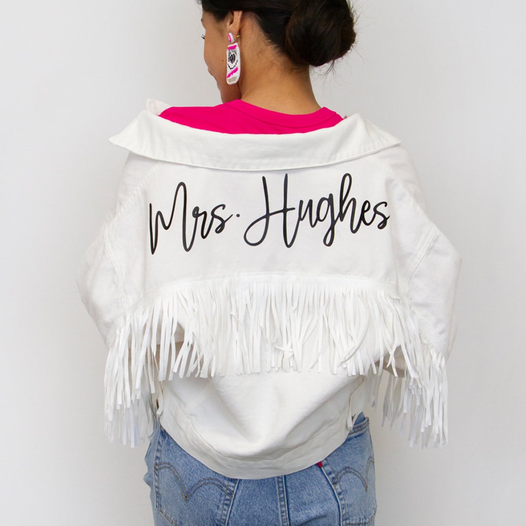 White Fringe Personalized Bride Denim Jacket, Custom Bride Jean Jacket ...