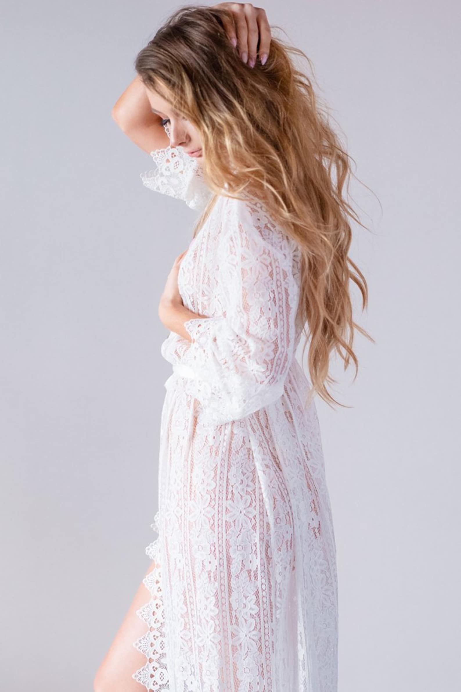 Long Bridal Robe Long Robe Long Lace Robe Lace Robe Lace | Etsy
