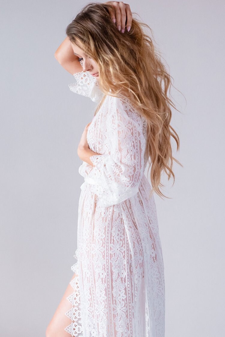 Long Bridal Robe Long Robe Long Lace Robe Lace Robe Lace | Etsy Canada