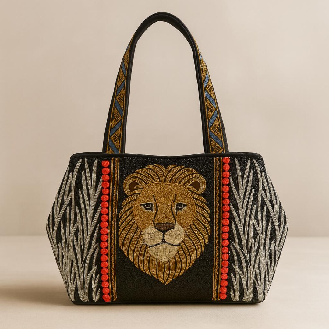 Lion Safari Beaded Tote, African King Shoulder Bag, Majestic Lion Purse ...