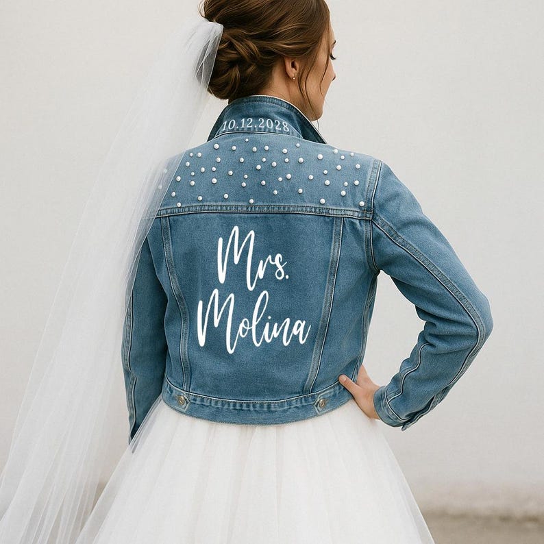 Blue Pearl Bachelorette Bride Denim Jacket, Bridal Denim Jacket, Bridal ...