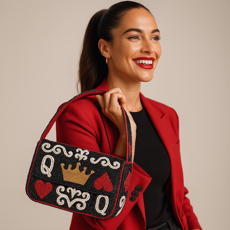 Classic Queen Bag, Red Queen Purse, Playing Card Clutch, Beaded ...