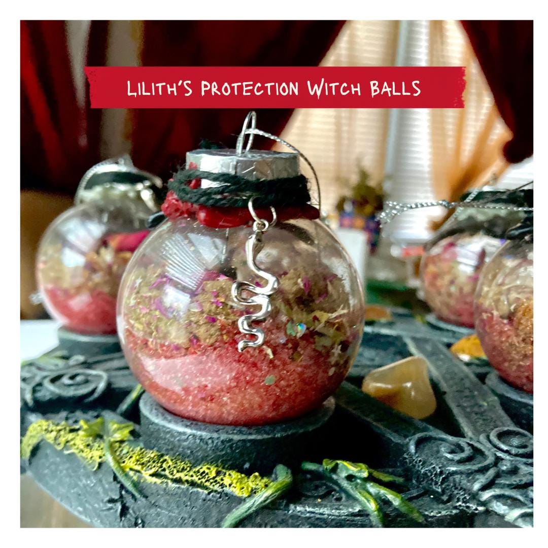 Lilith Protection Witch Ball: Snake Charm, Herbs, Crystals, Red Wax ...
