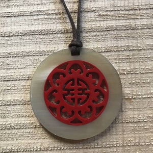 Chinese Long Life Symbol With Lotus Flower Cut Out Lacquer Buffalo Horn ...