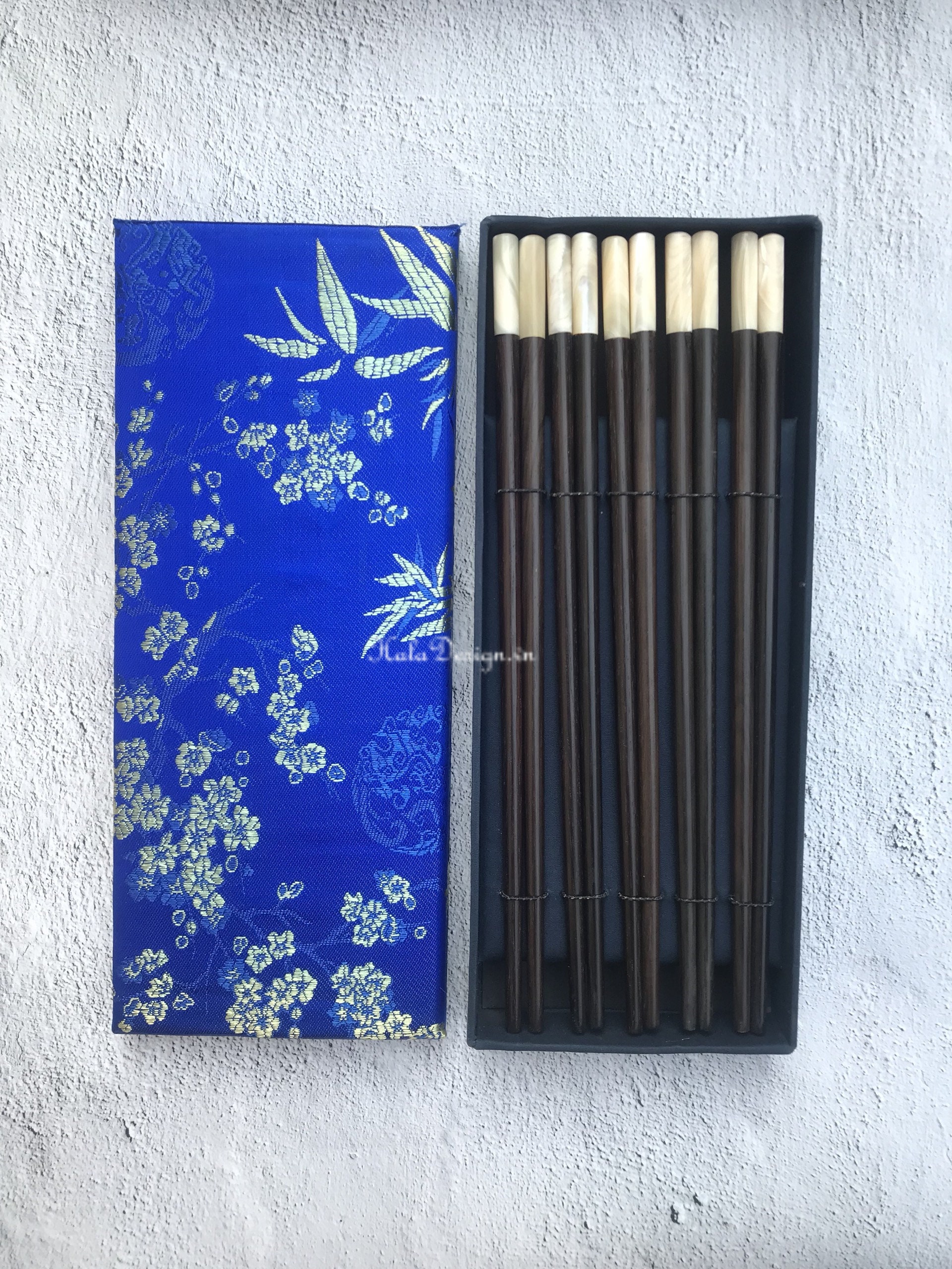 Set of 5 Chopstick Pairs With Silk Brocade Box, Engraving Custom ...