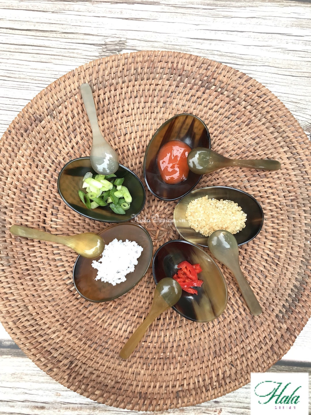 Buffalo Horn Oval Condiment Tiny Bowl and Spoon Set , Caviar Server ...
