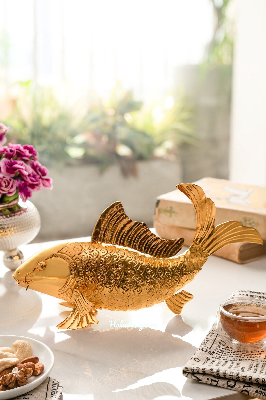 Copper Carp Statue With 24K Gold and Silver Finish, Feng Shui Symbol ...