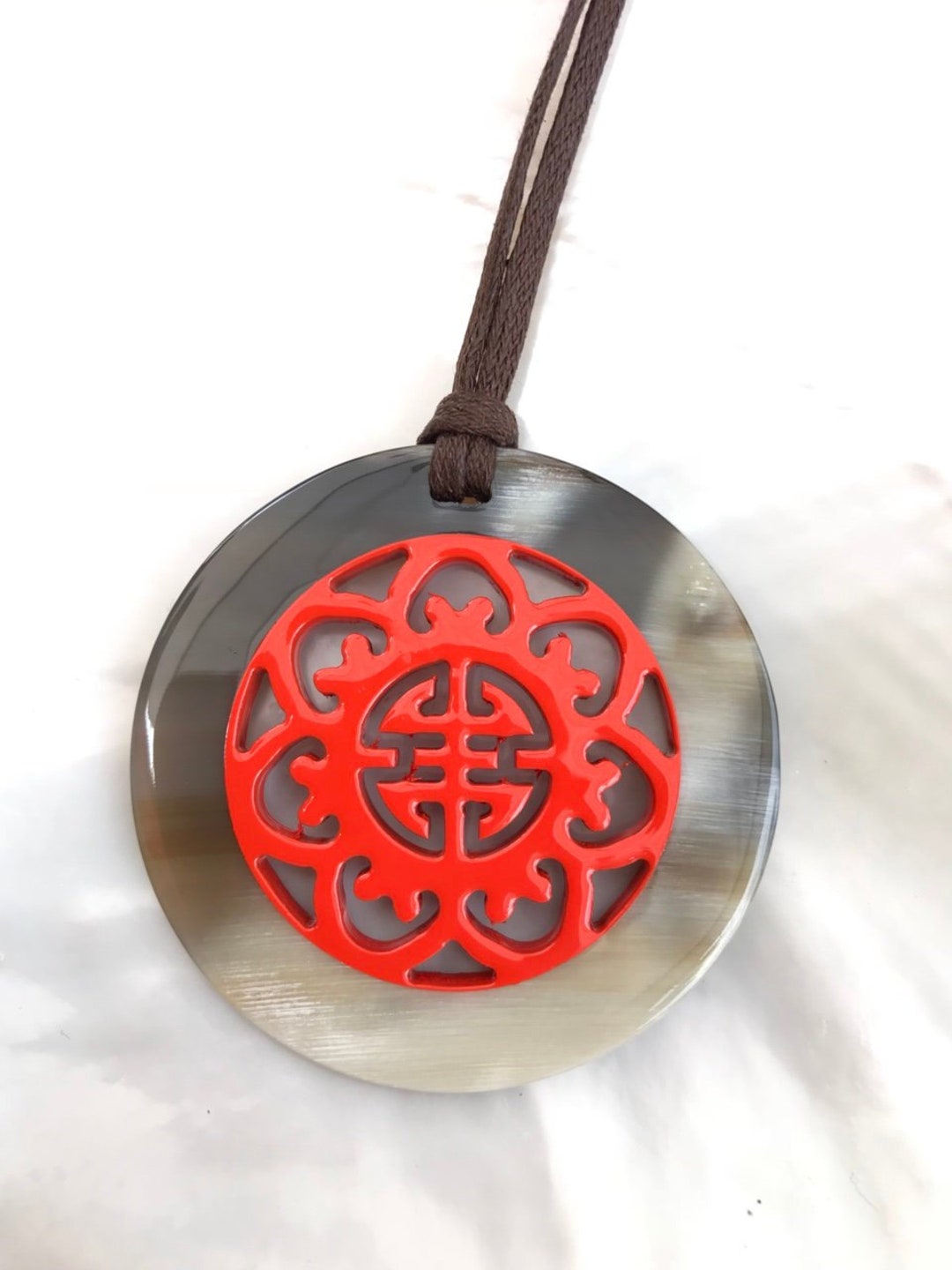 Chinese Long Life Symbol With Lotus Flower Cut Out Lacquer Buffalo Horn ...
