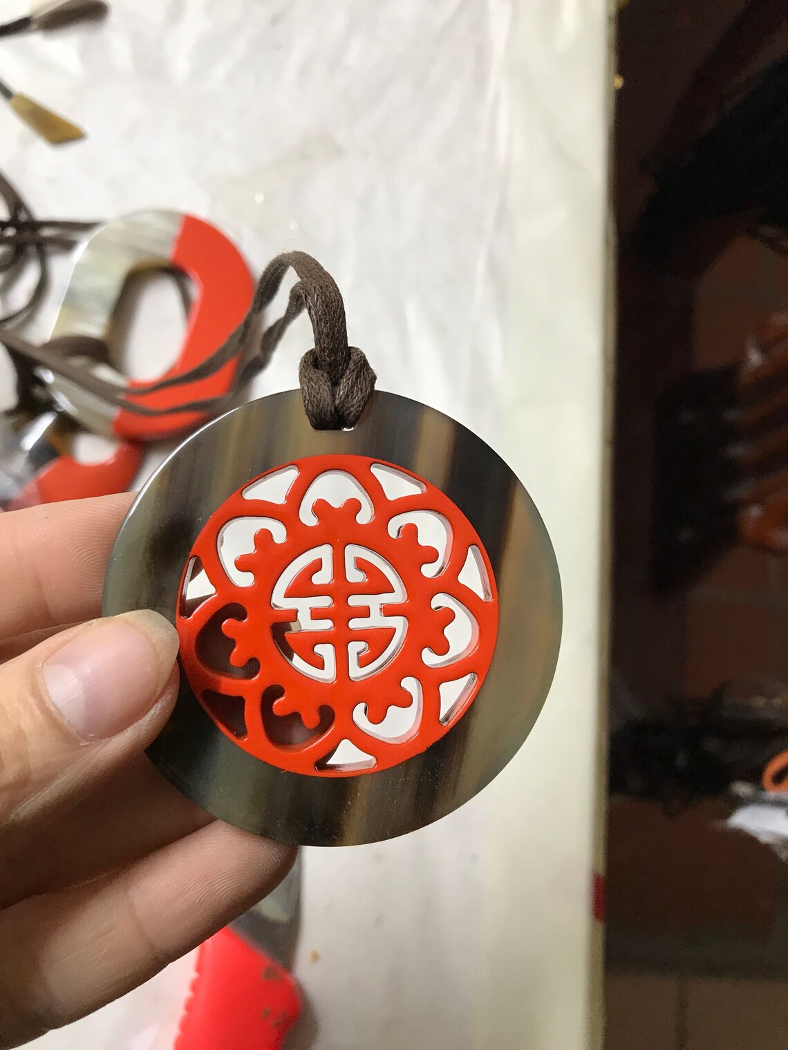 Chinese Long Life Symbol With Lotus Flower Cut Out Lacquer Buffalo Horn ...
