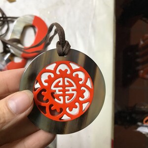 Chinese Long Life Symbol With Lotus Flower Cut Out Lacquer Buffalo Horn ...