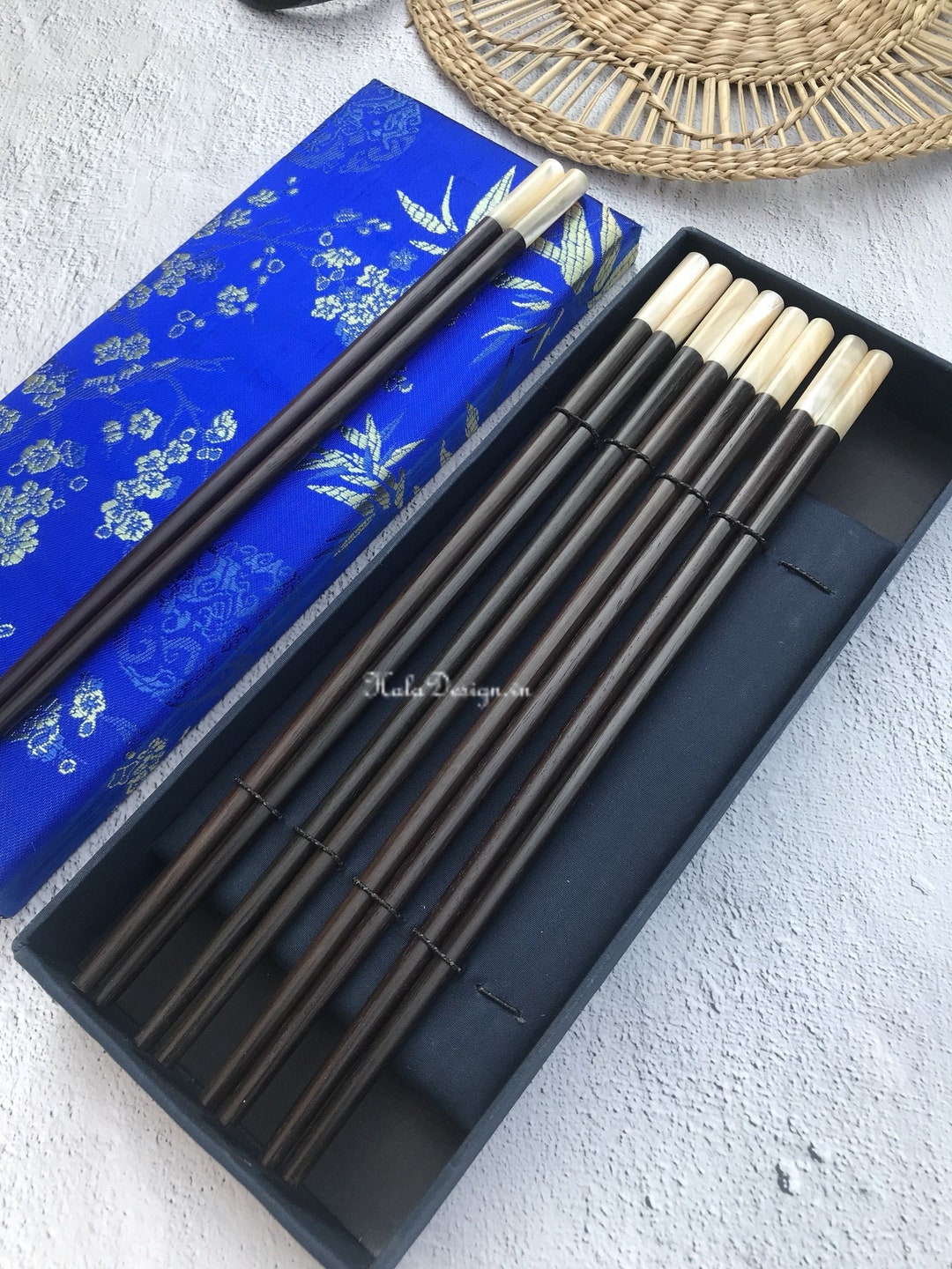 Set of 5 Chopstick Pairs With Silk Brocade Box, Engraving Custom ...