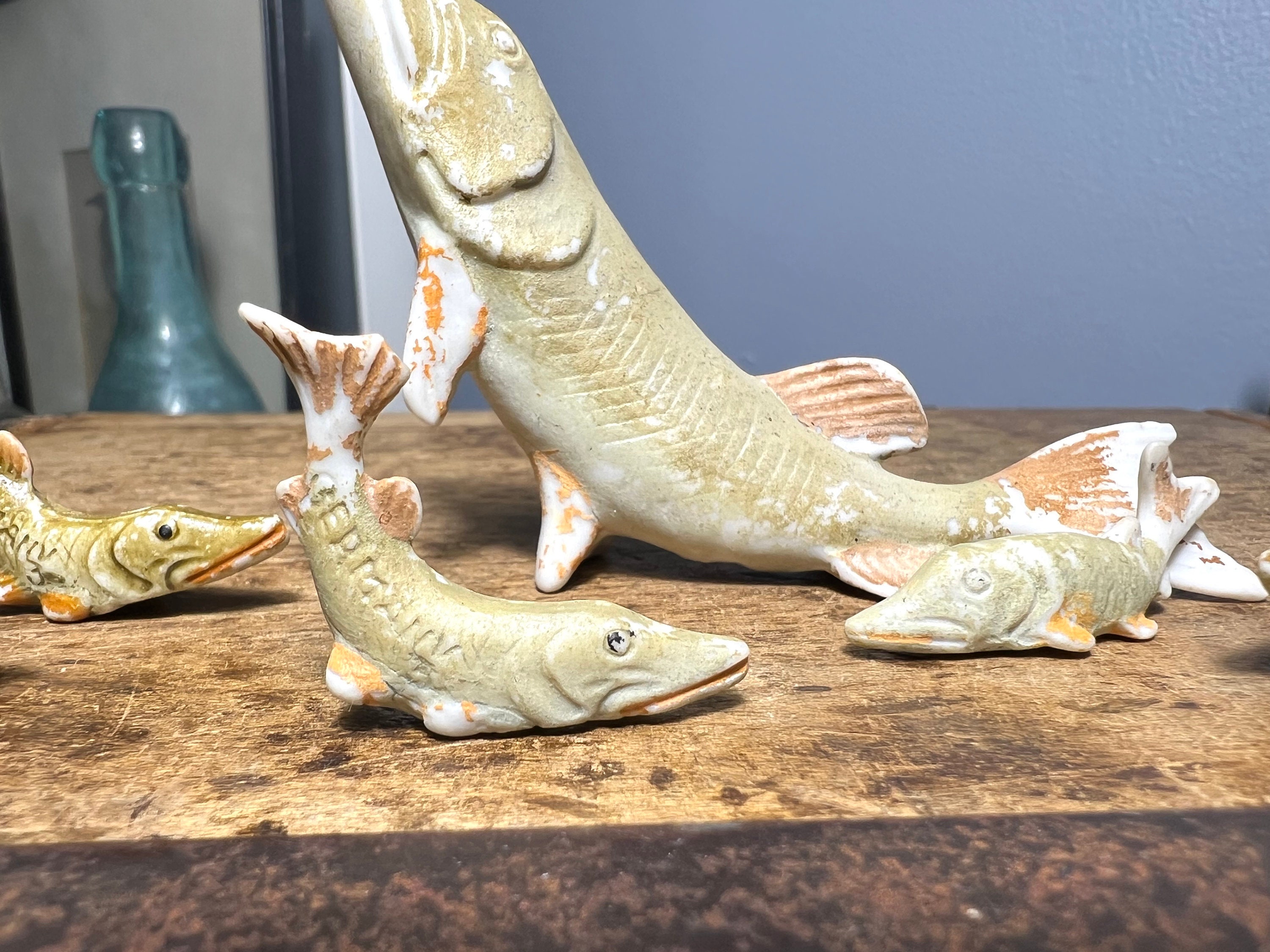Antique Ca. 1920 Pike Fish Porcelain Figurine With 5 Baby Fishes Made ...
