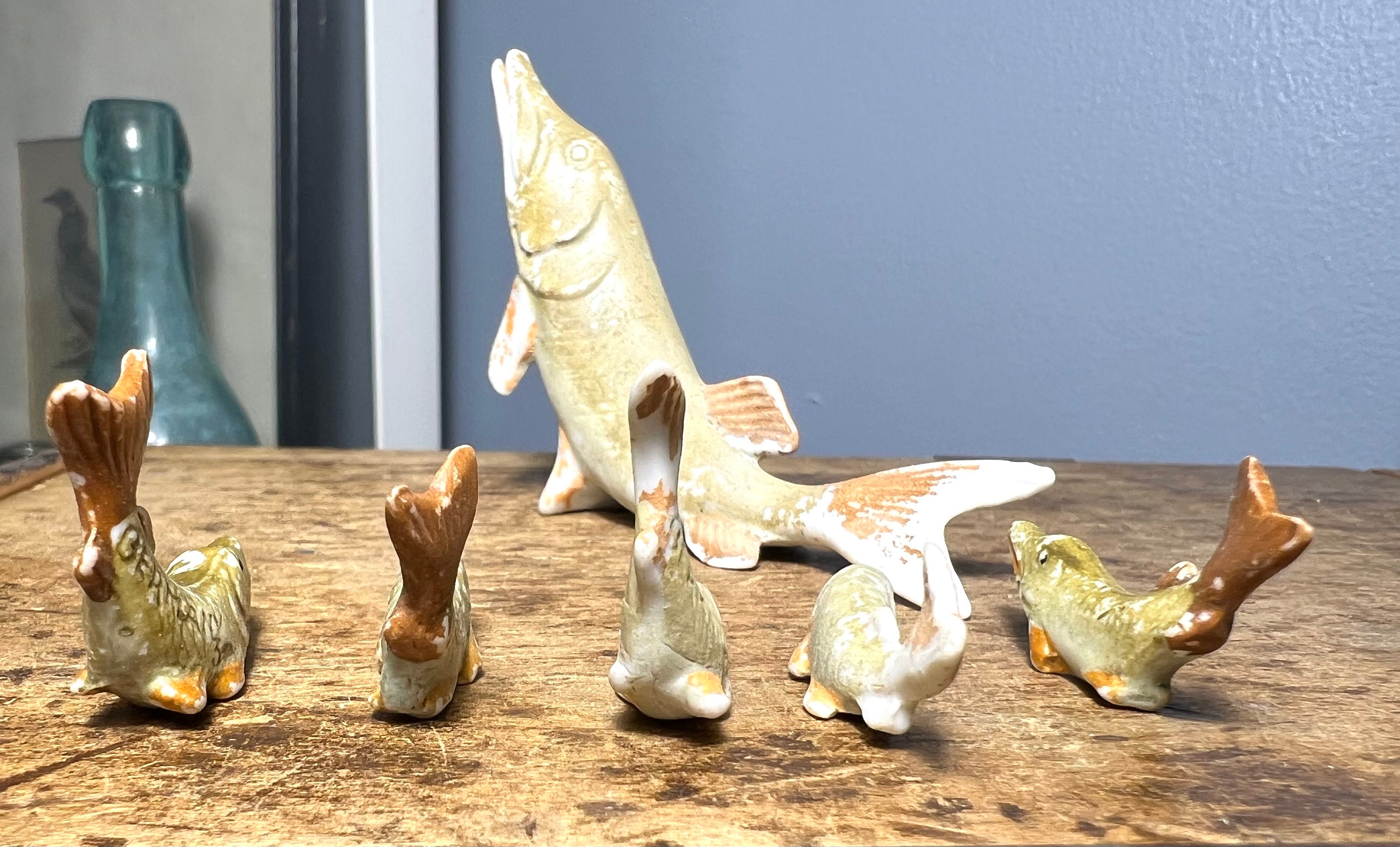 Antique Ca. 1920 Pike Fish Porcelain Figurine With 5 Baby Fishes Made ...