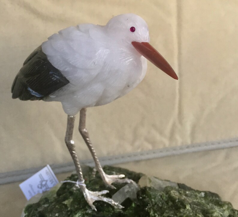 Large Stork Carved Fro White Quartz on Epidote Base 7"" - Etsy