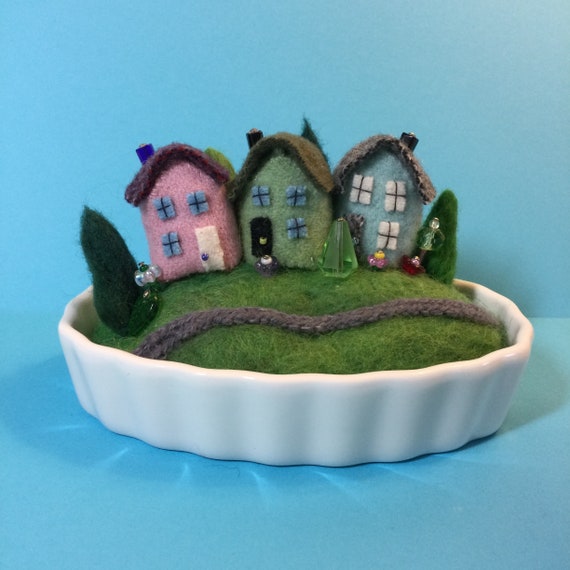 Felted landscape with tiny houses and sheep Pincushion scene | Etsy