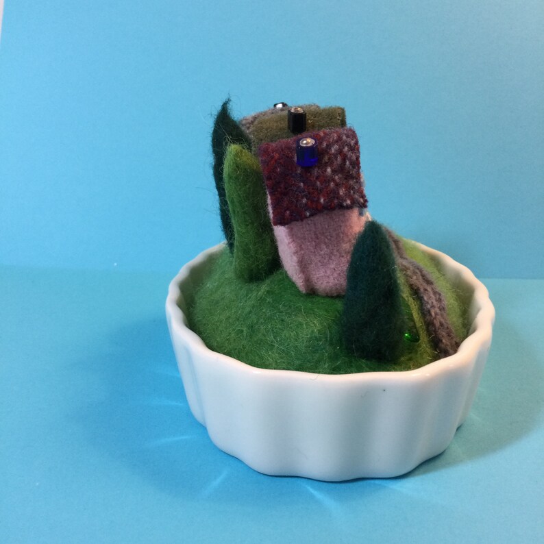 Felted Landscape With Tiny Houses and Sheep Pincushion Scene Felt Art ...