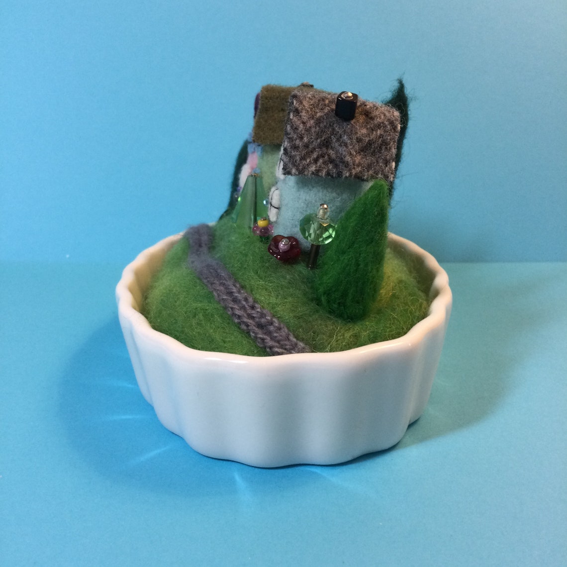 Felted Landscape With Tiny Houses and Sheep Pincushion Scene Felt Art ...