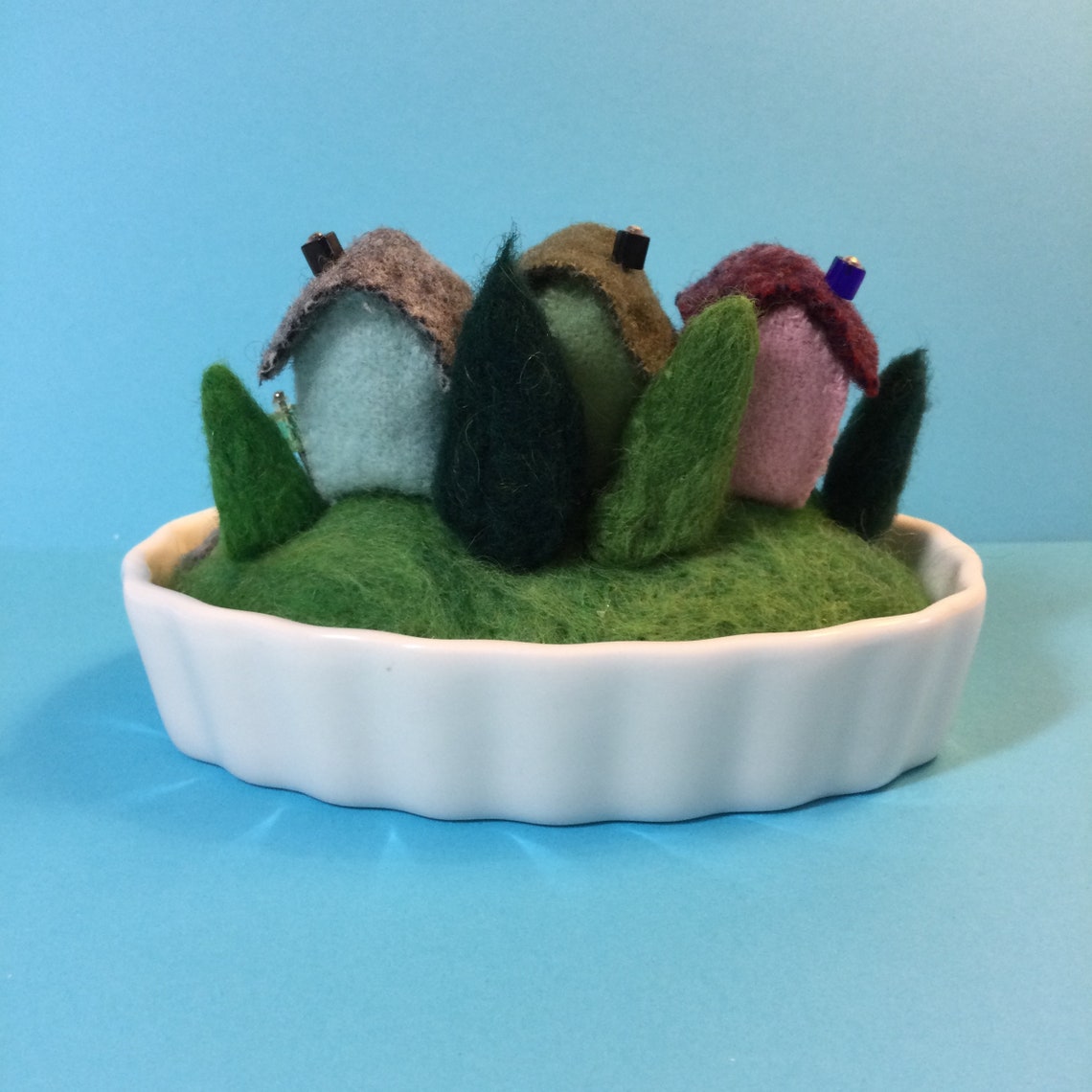 Felted Landscape With Tiny Houses and Sheep Pincushion Scene Felt Art ...
