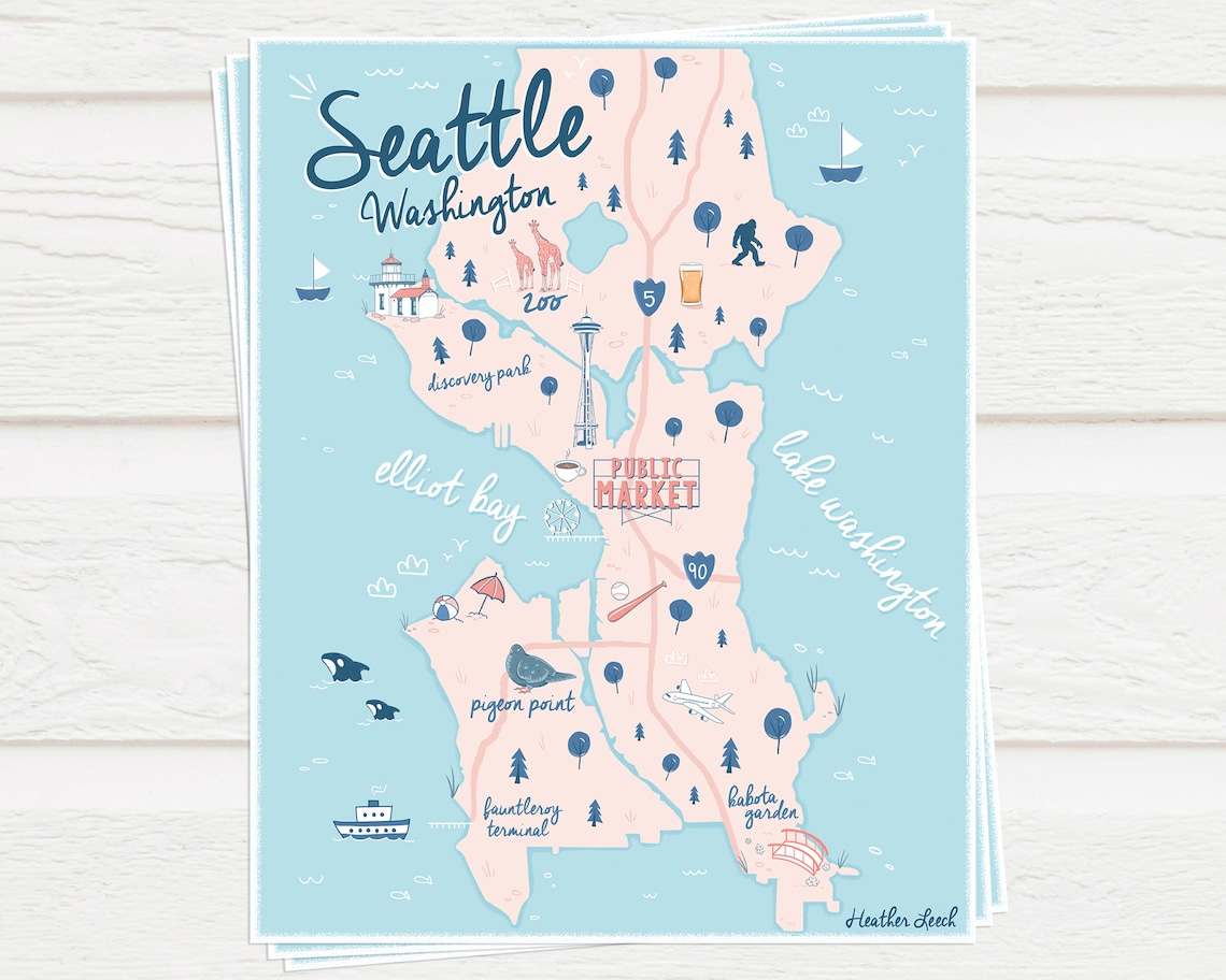 Seattle Illustrated Map 8x10 Seattle Art Print - Etsy