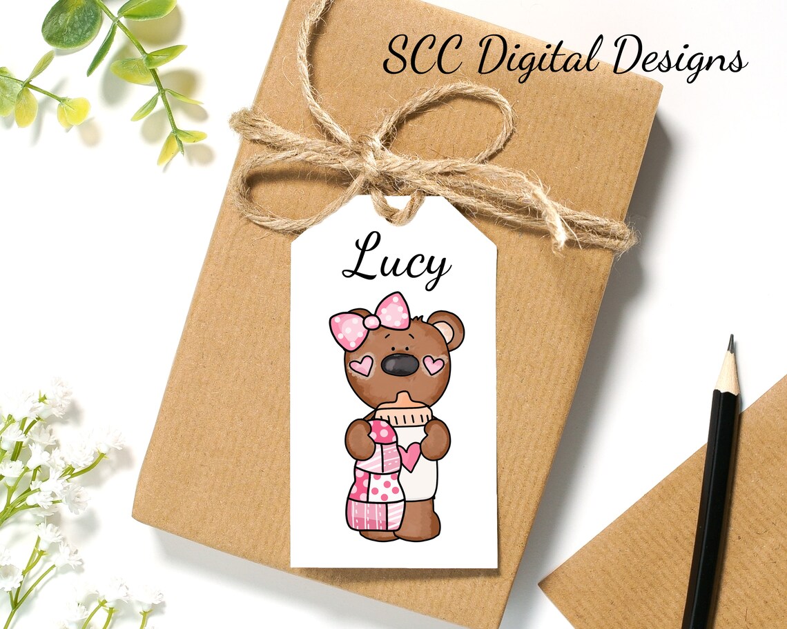 Baby Girl Bear Printable Gift Tags 8 Tags With 4 Images Whimsical Bears ...