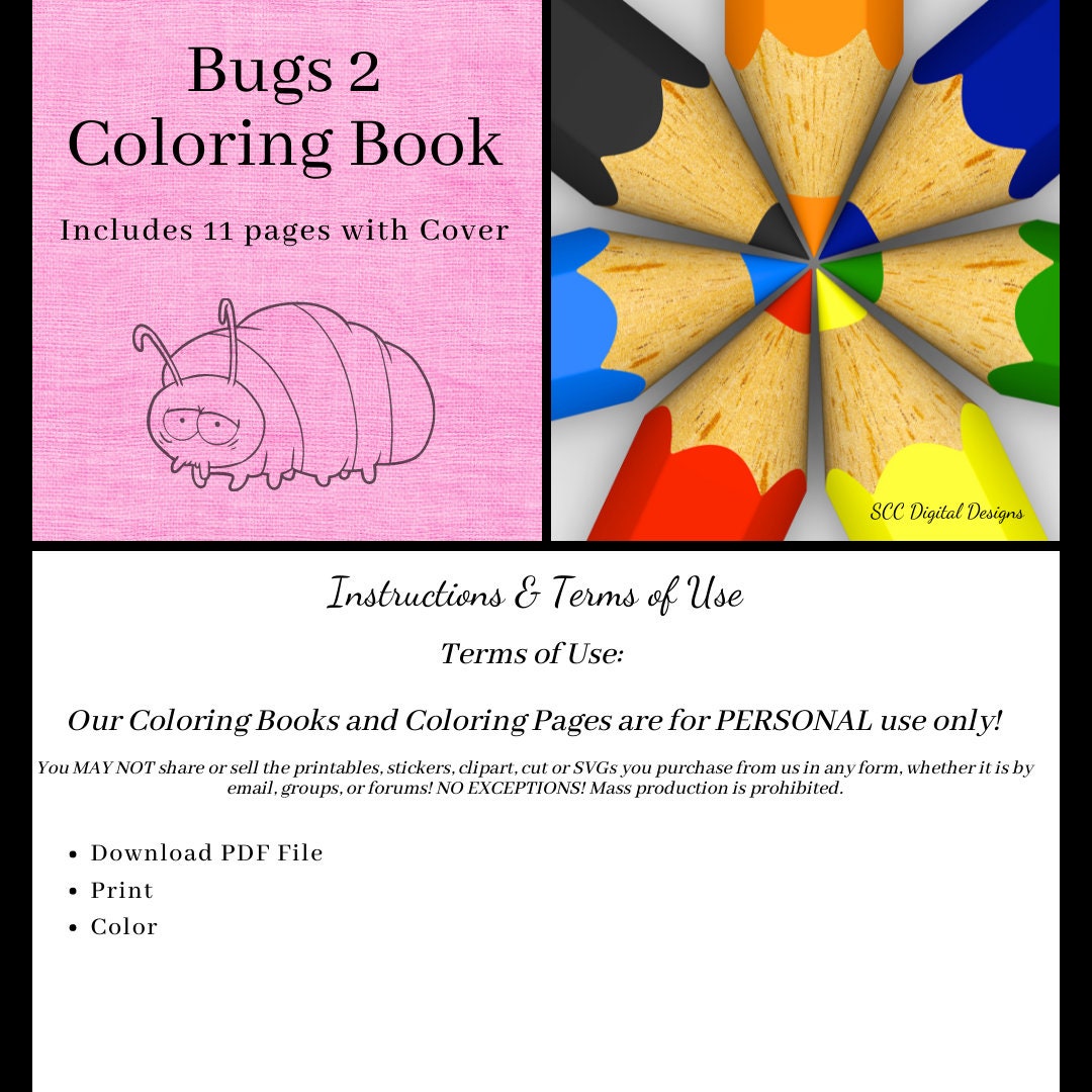 Bugs 2 Printable Coloring Book 10 Pages Plus Cover Page Lady - Etsy