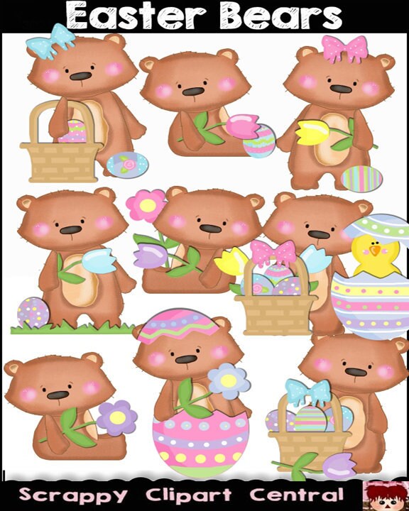 Easter Bears Digital Clipart Whimsical Bears, Colored Eggs, Spring ...
