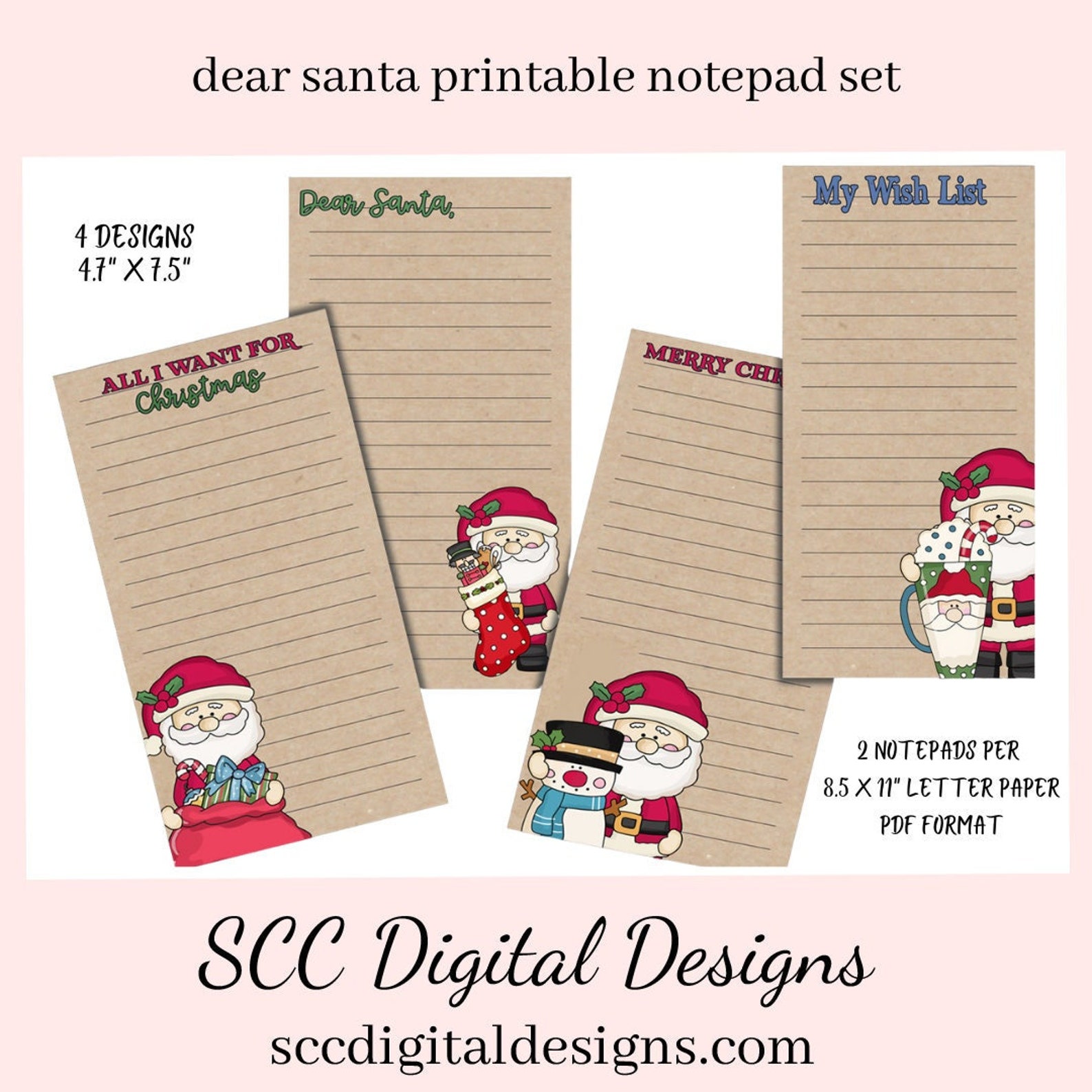 Dear Santa Printable Notepad Set, My Wish List, All I Want For, Merry ...