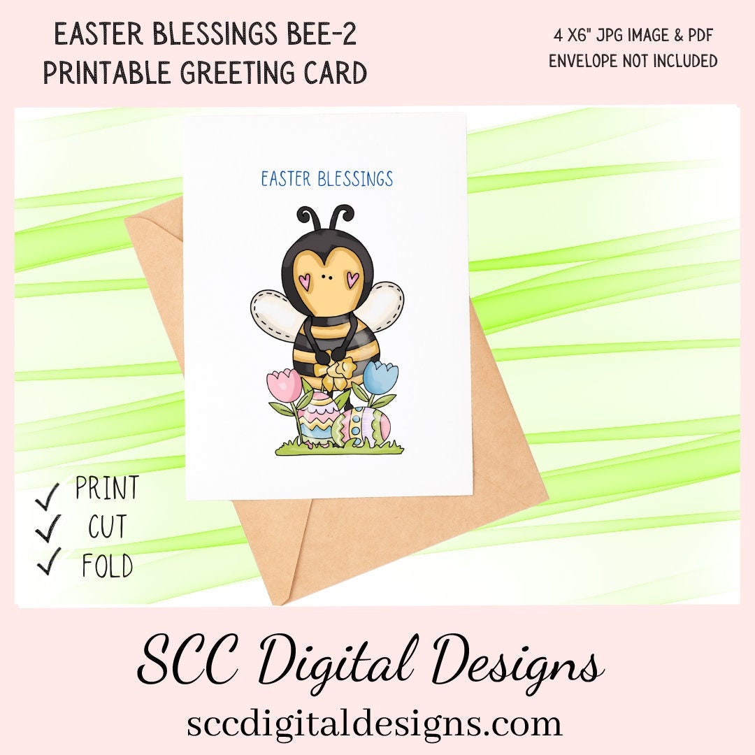 Easter Blessings Card, Whimsical Art, Easter Bee, Colored Eggs, Tulips ...