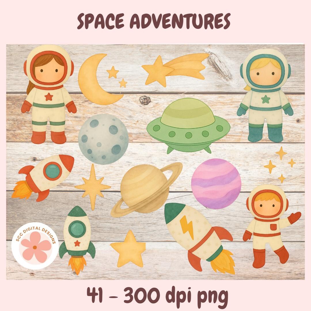 Space Clipart, Colorful Planets, Rockets, Space Ships, Retro Aliens ...