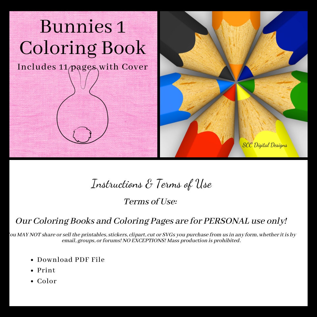 Bunnies 1 Kids Printable Coloring Book, 11 Pages, Bunny Color Your Own ...