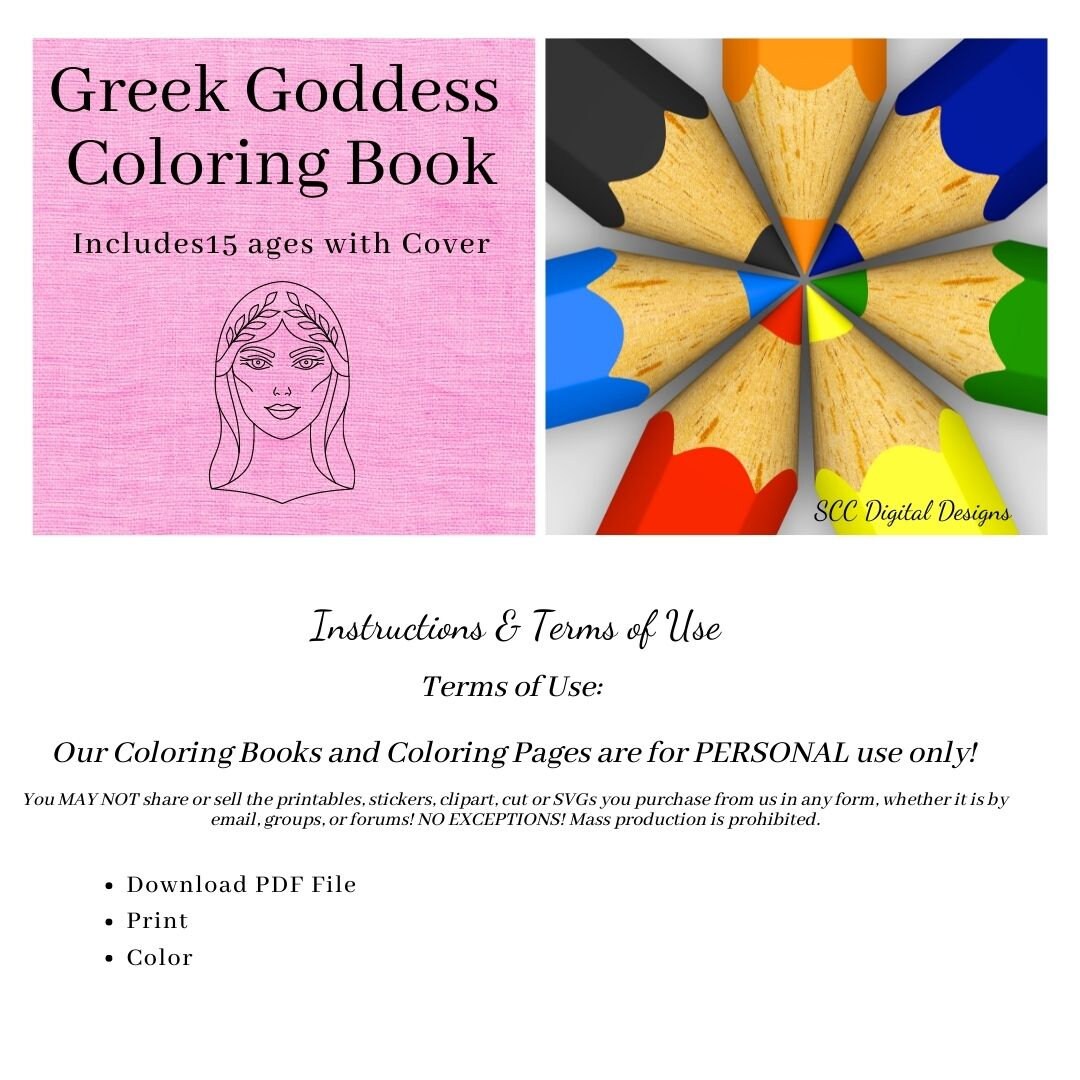 Greek Goddess Printable Coloring Book, 16 Page PDF, Tyche, Selene ...